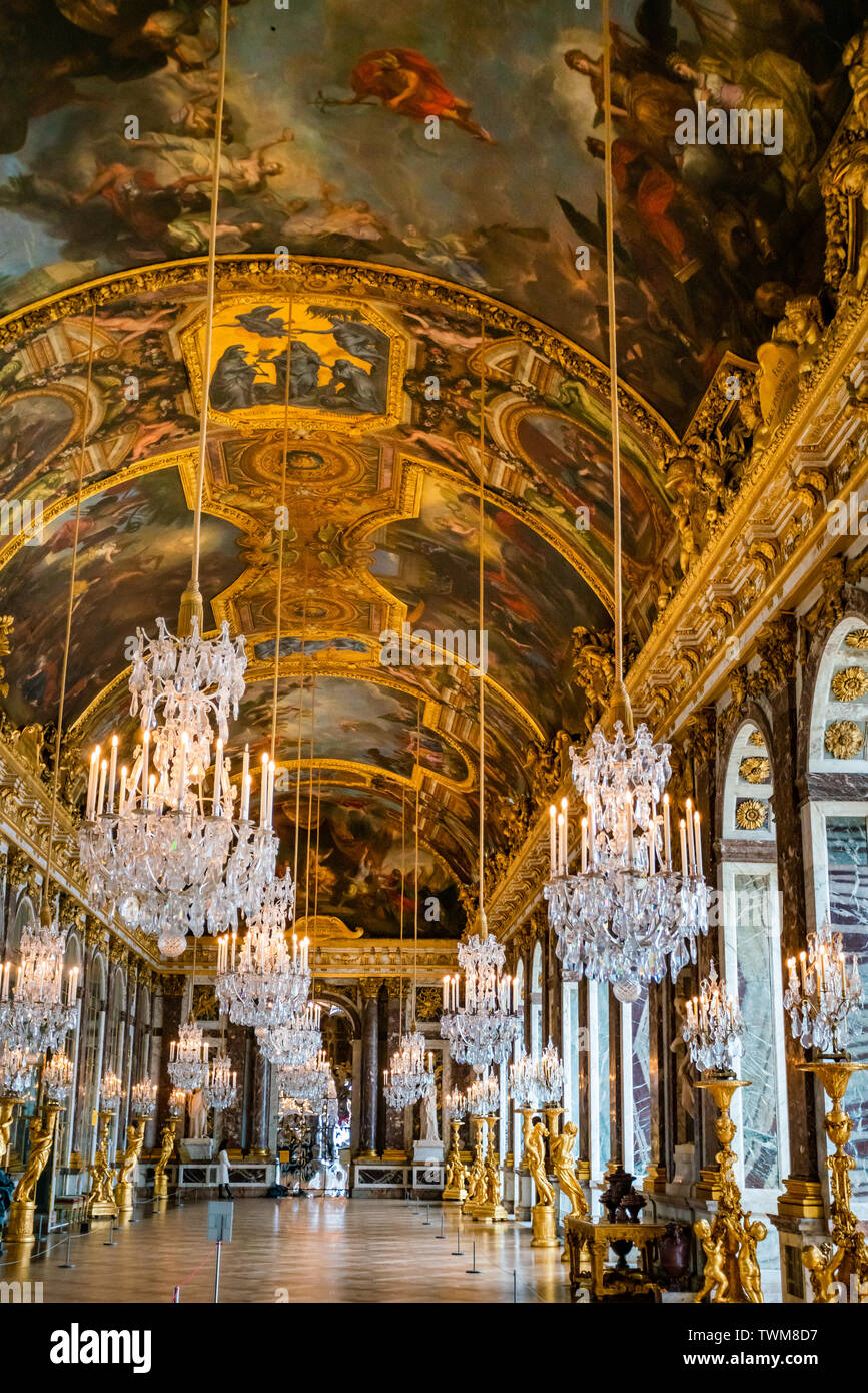 VERSAILLES, FRANCE - February 14, 2018 : The hall of mirrors in the ...