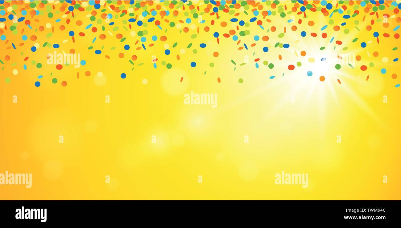 colorful confetti rain on yellow sunny summer background vector ...