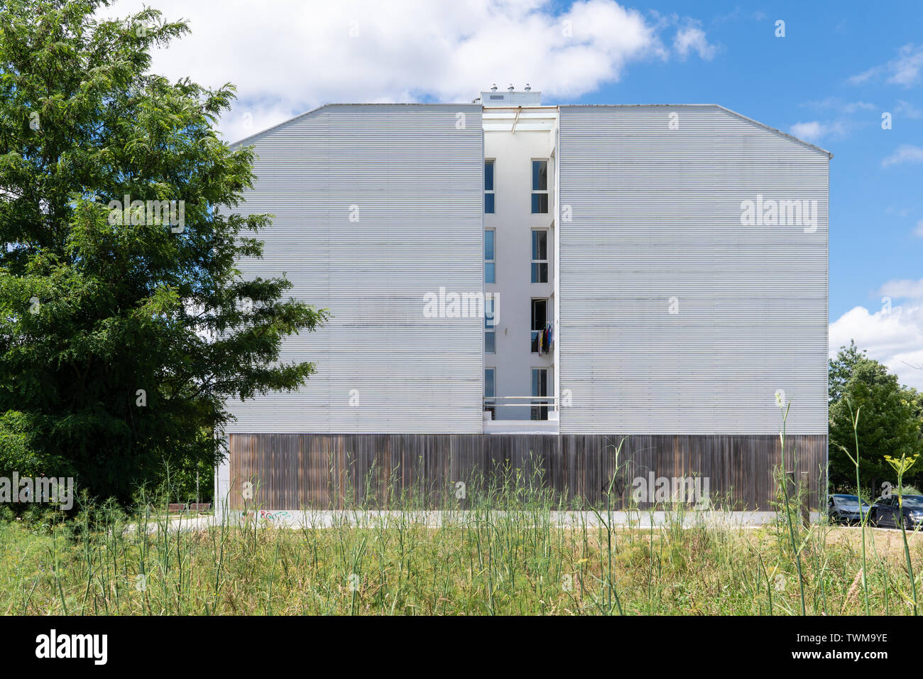 Building facade with metallic cladding. Construction elements of modern ...