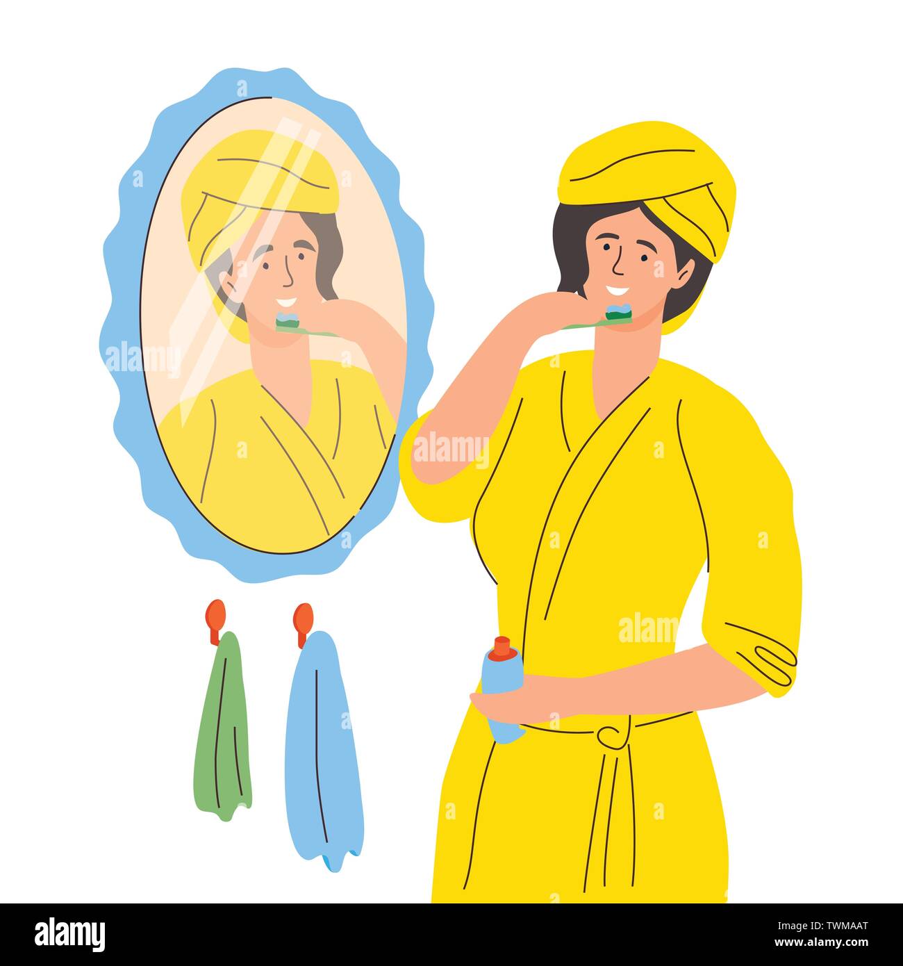 A woman brushing her teeth - colorful flat design style illustration ...