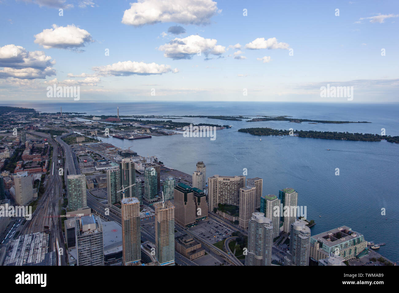 View over the Toronto waterfront towards Port Lands from the CN Tower ...