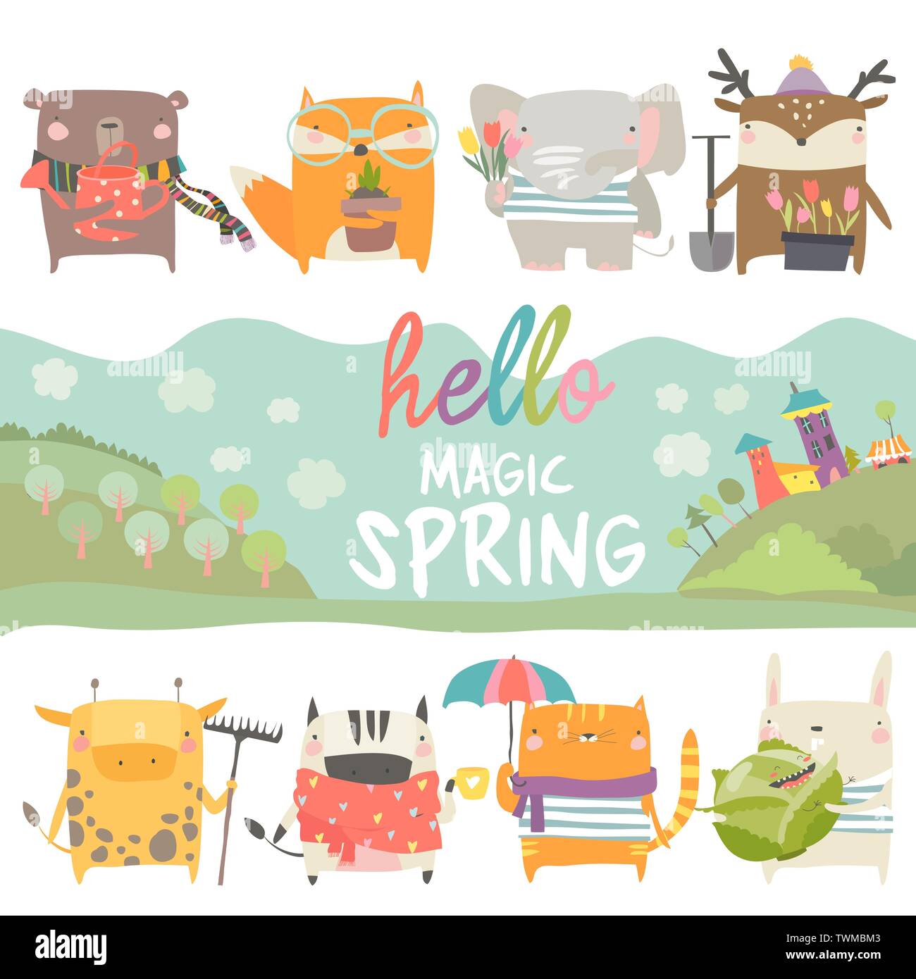Set of cute animals with spring theme on white background Stock Vector ...