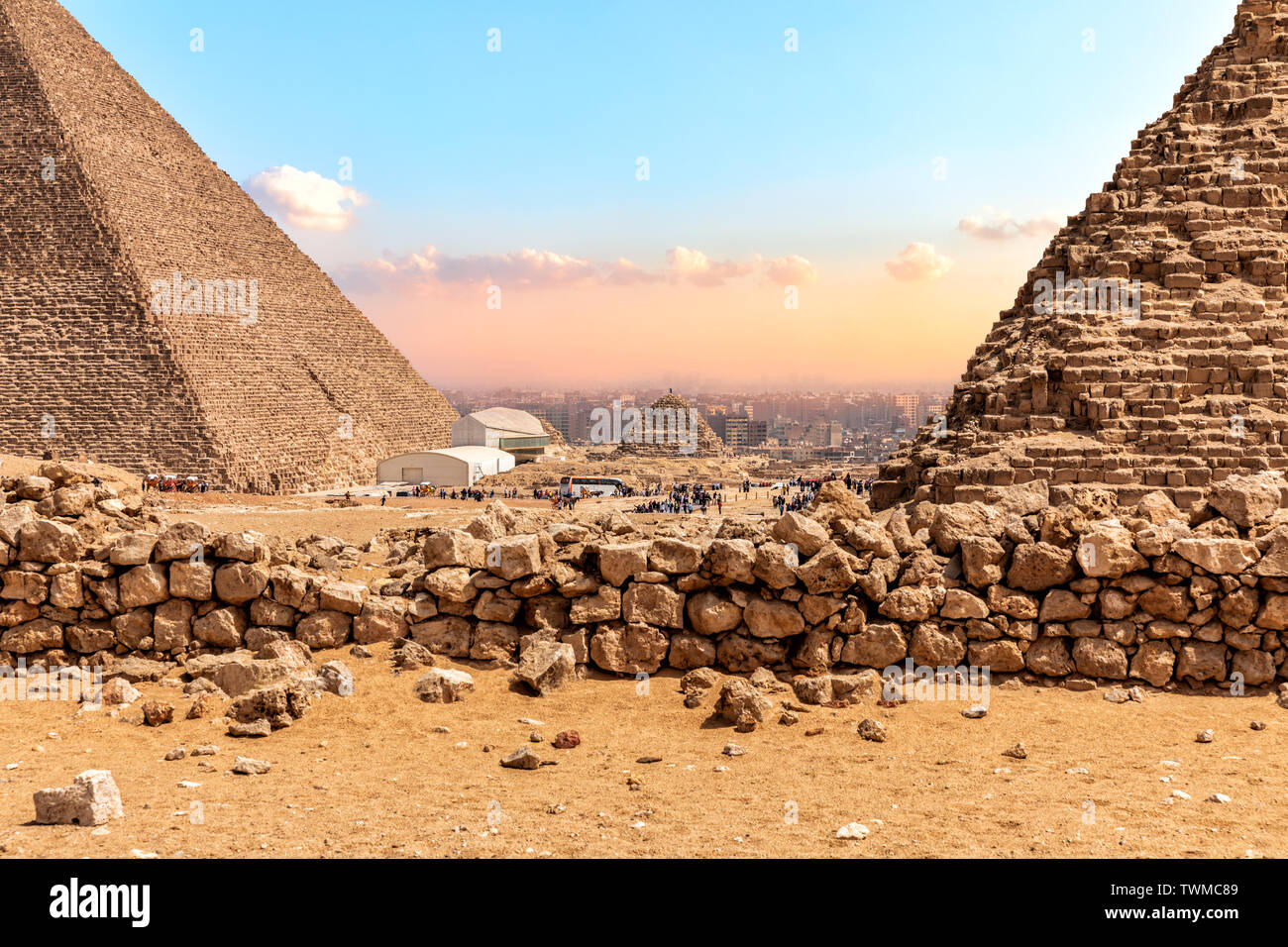The Great Pyramids of Giza, view on the bases Stock Photo - Alamy