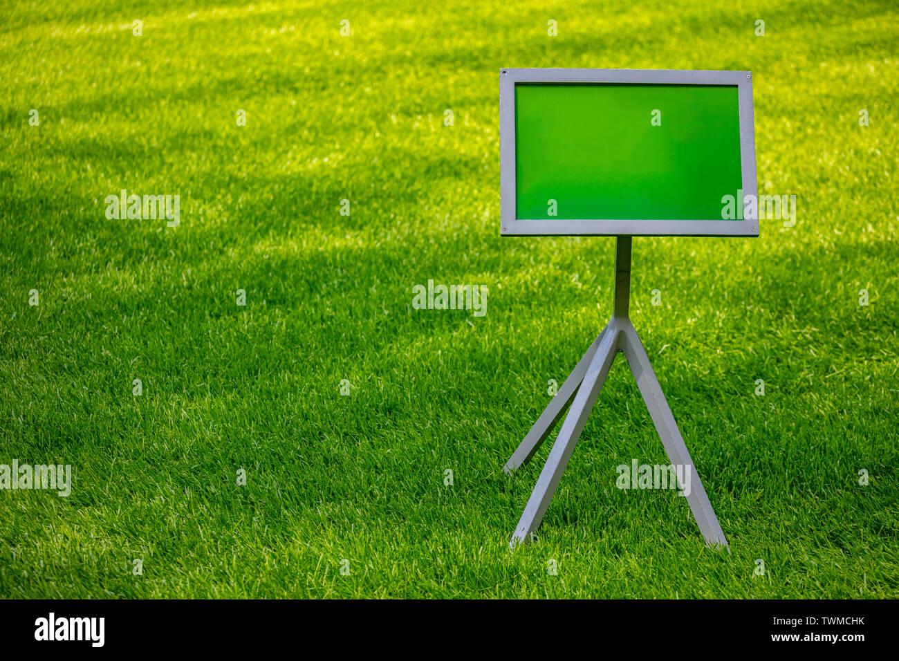 Blank empty sign on green grass background, texture, spring sunny day ...