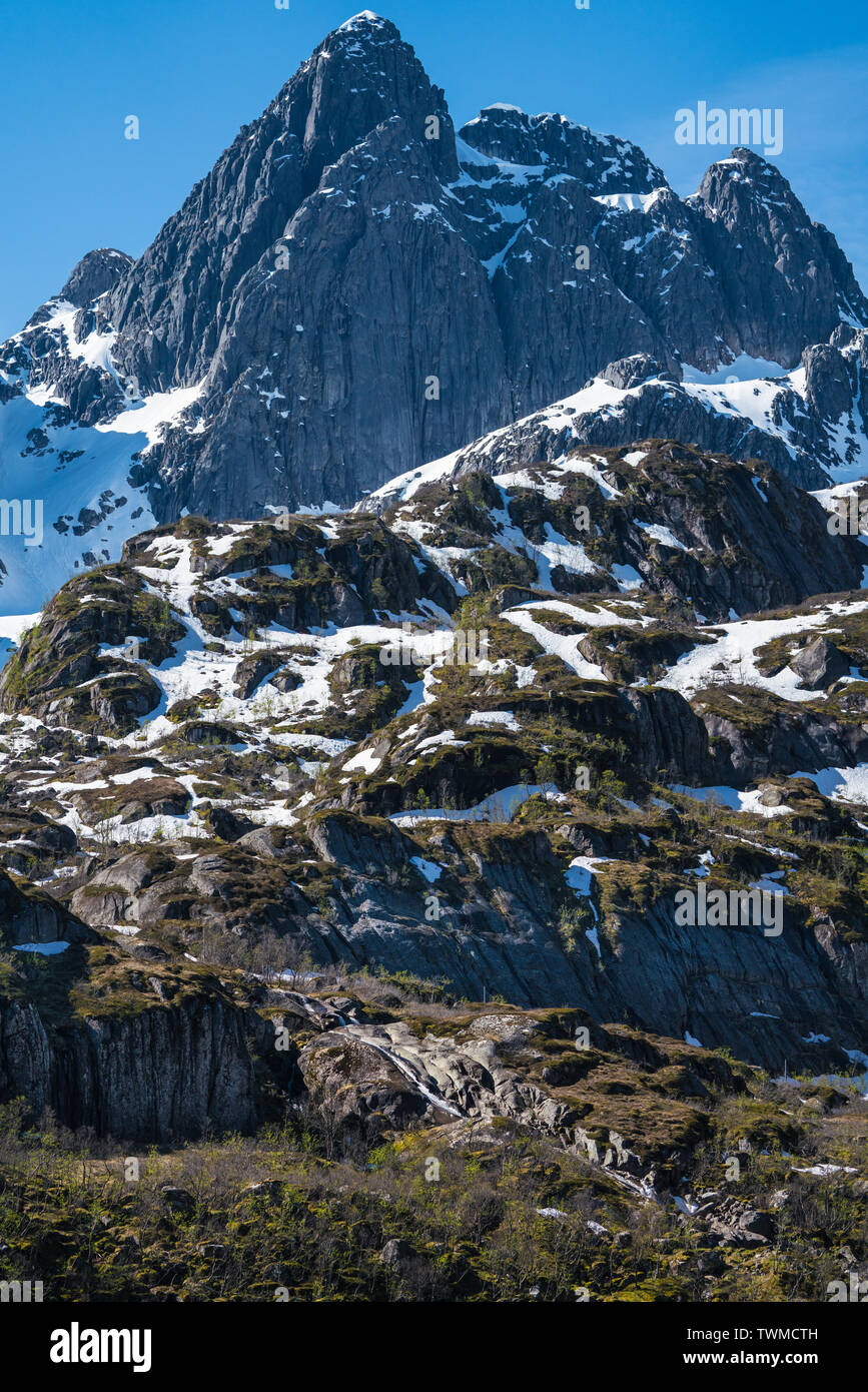 View up the wall from the water of Trollfjord in spring with last of ...
