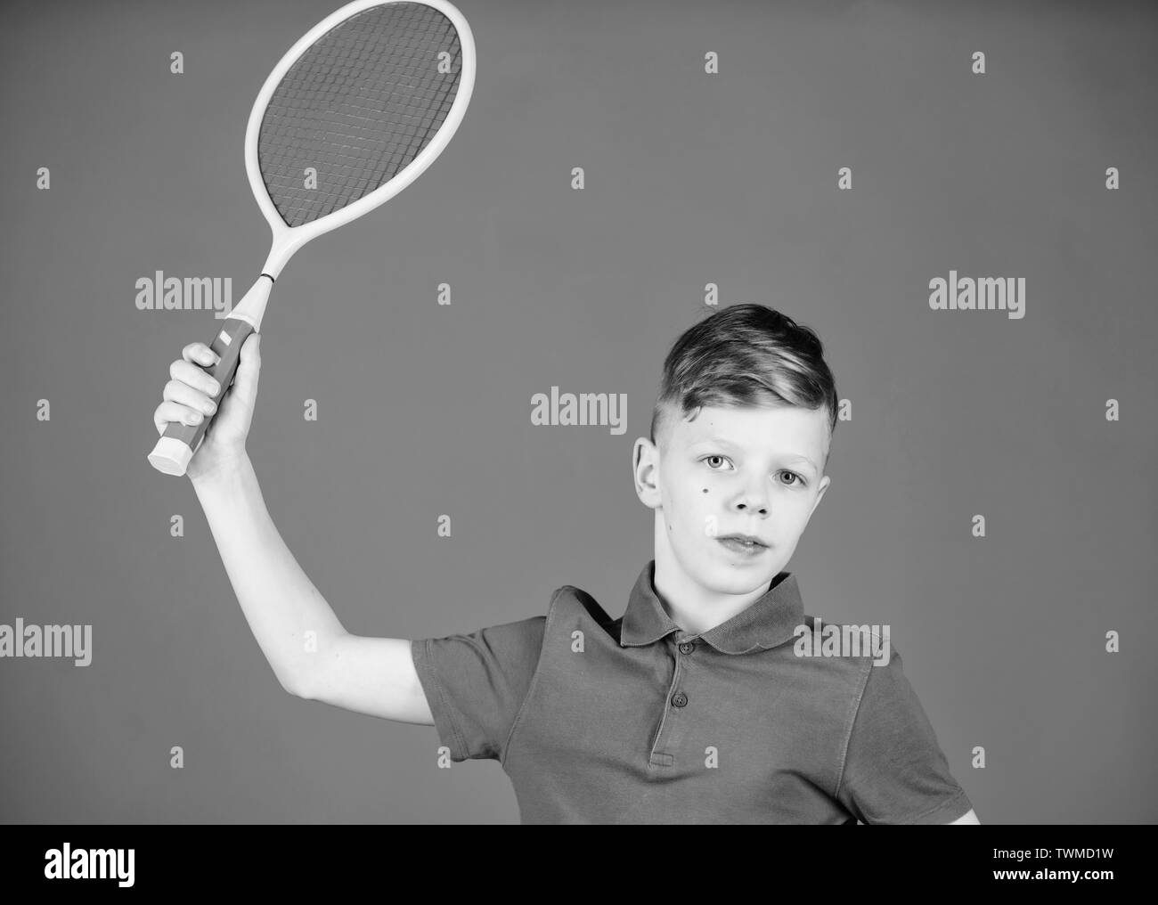 Practicing tennis skills. Guy with racket enjoy game. Future champion ...