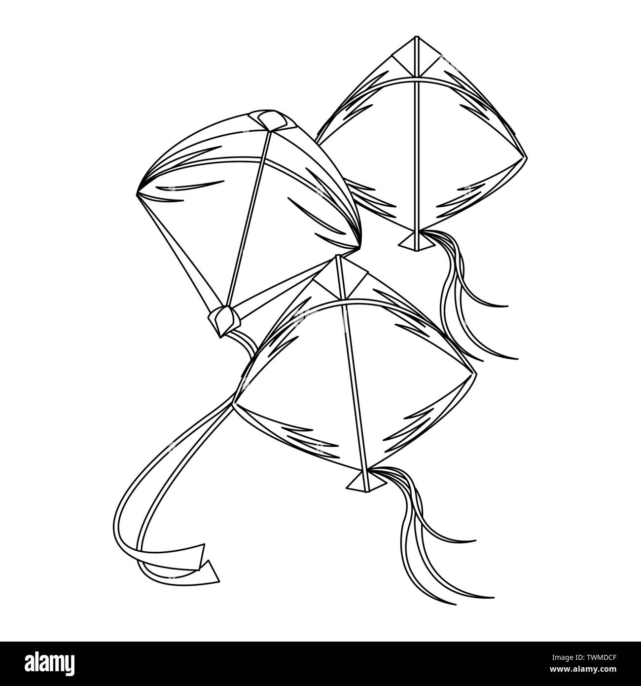 Three kites flying isolated cartoon in black and white Stock Vector ...