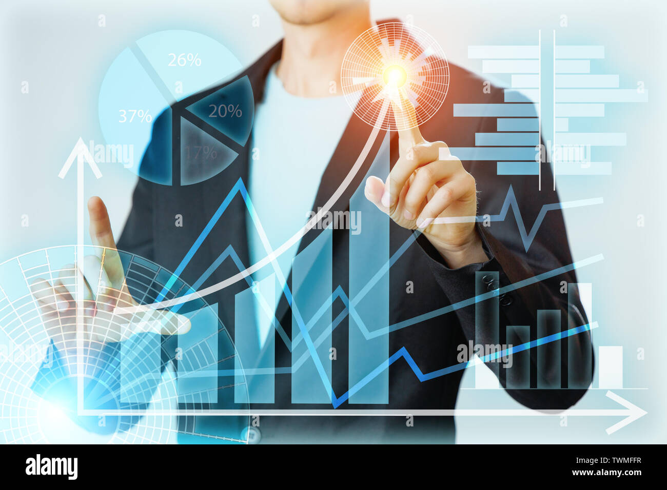 Businessman interacts with virtual screen, analyze data. Innovation ...