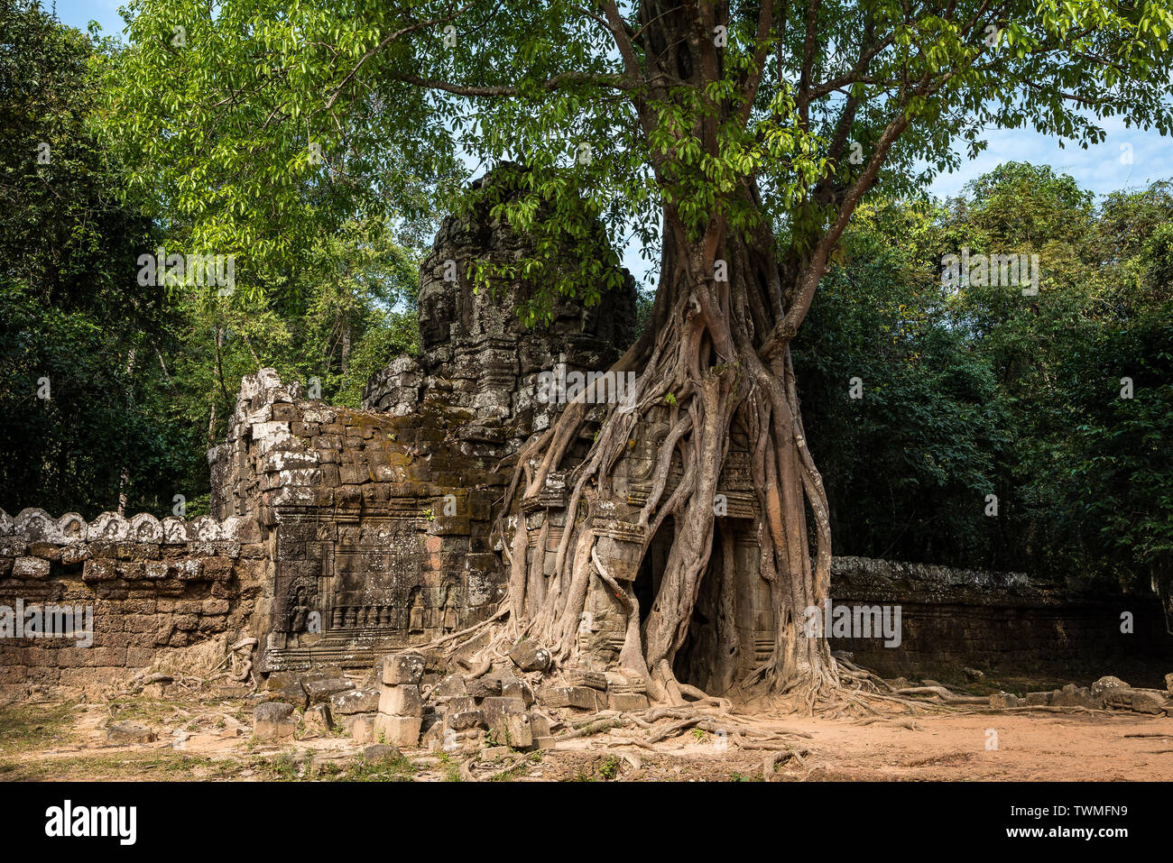 Ancient ruins of Ta Som temple in Angkor Wat complex, Cambodia. Stone ...