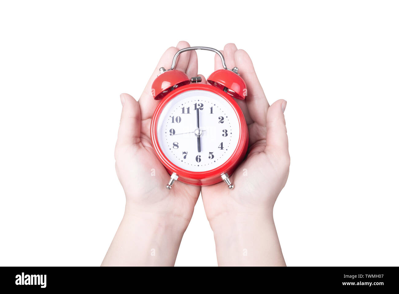 red alarm clock in hands, isolated on white background, concept time to ...