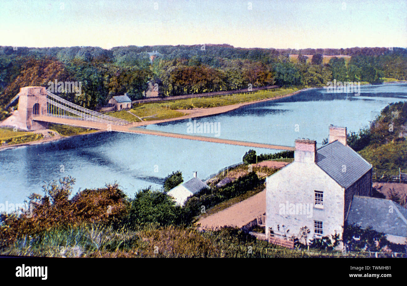 An early 20th century view of the Union Chain Bridge across the River ...