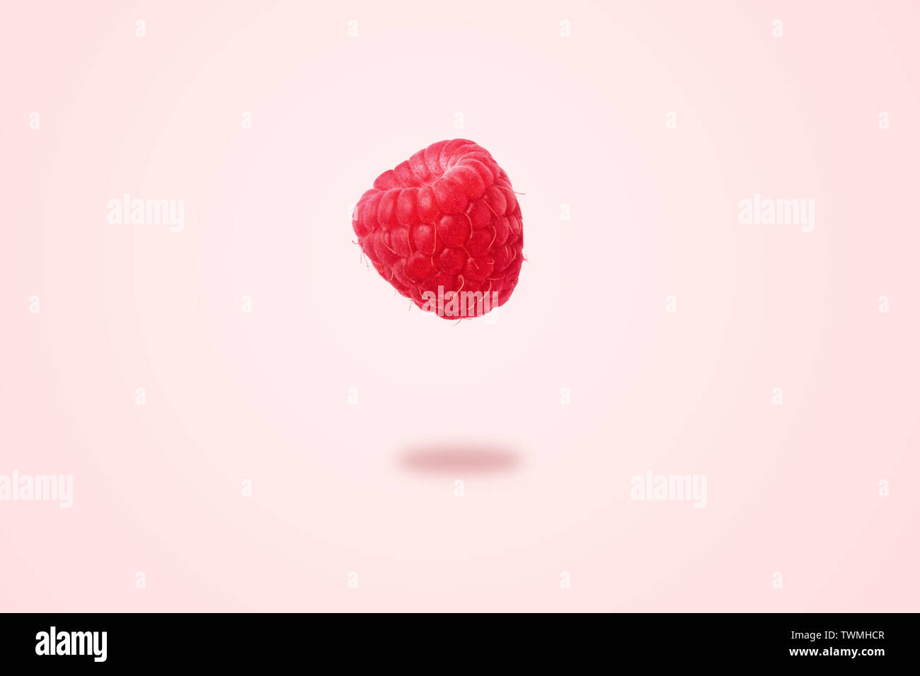raspberry levitating over pink background, food background with summer ...
