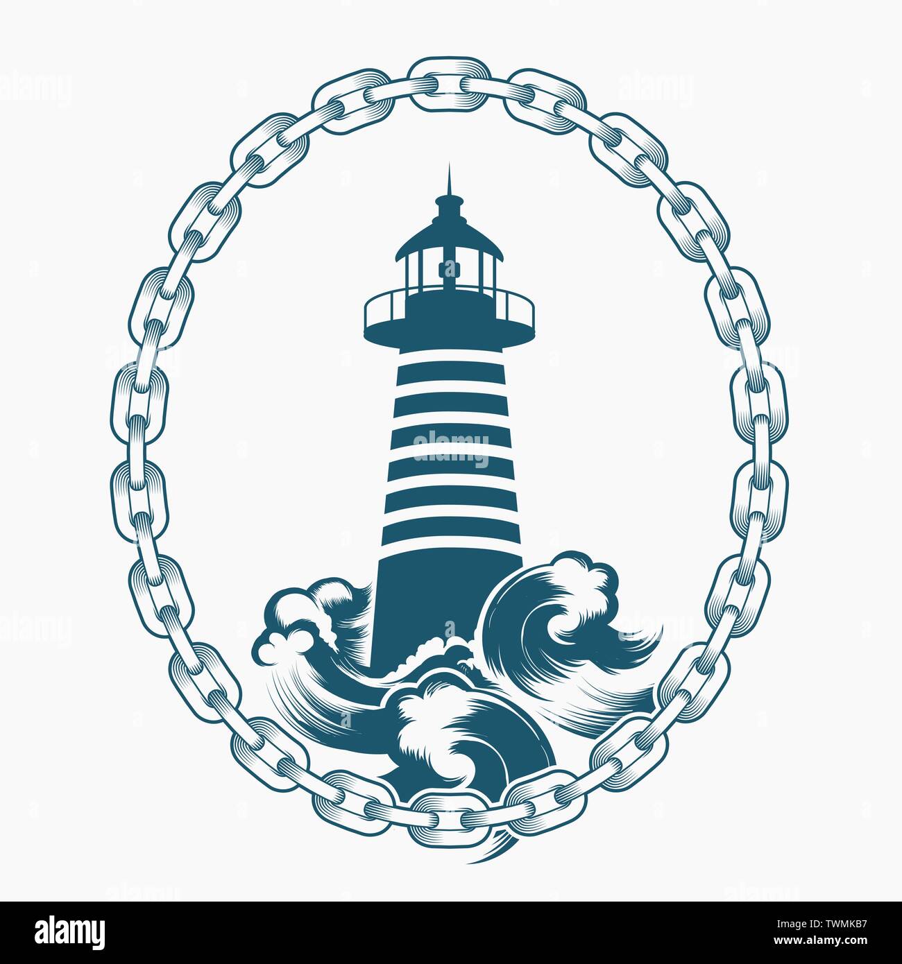 Vintage Lighthouse emblem drawn in Engraving style. Lighthouse and ...