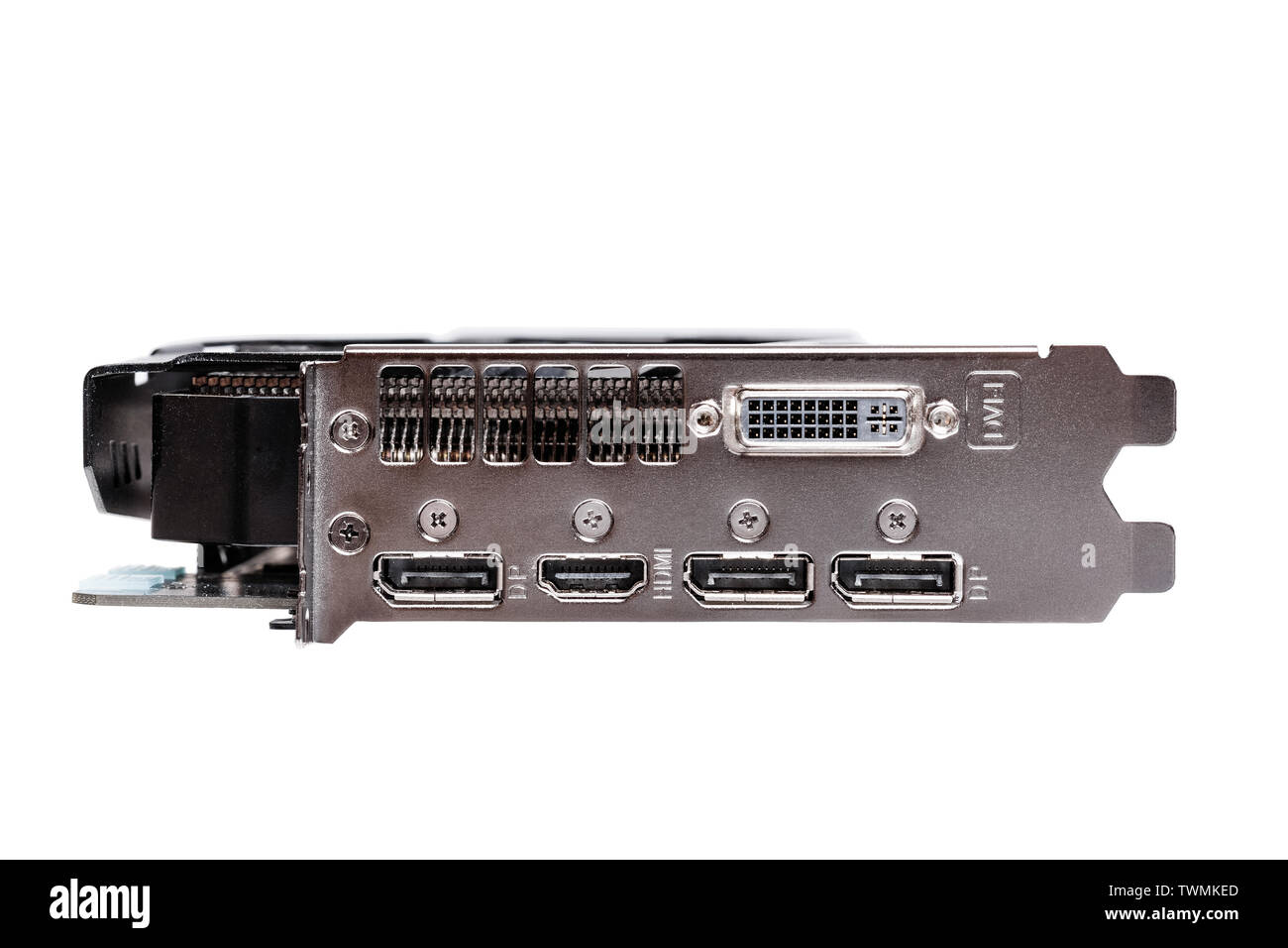 Professional gaming graphic card, connectors panel front view, isolated ...