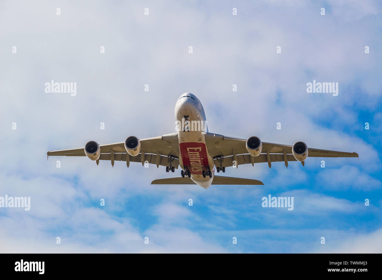 Airbus A380 Fly Emirates plane taking off in Barcelona airport Josep ...