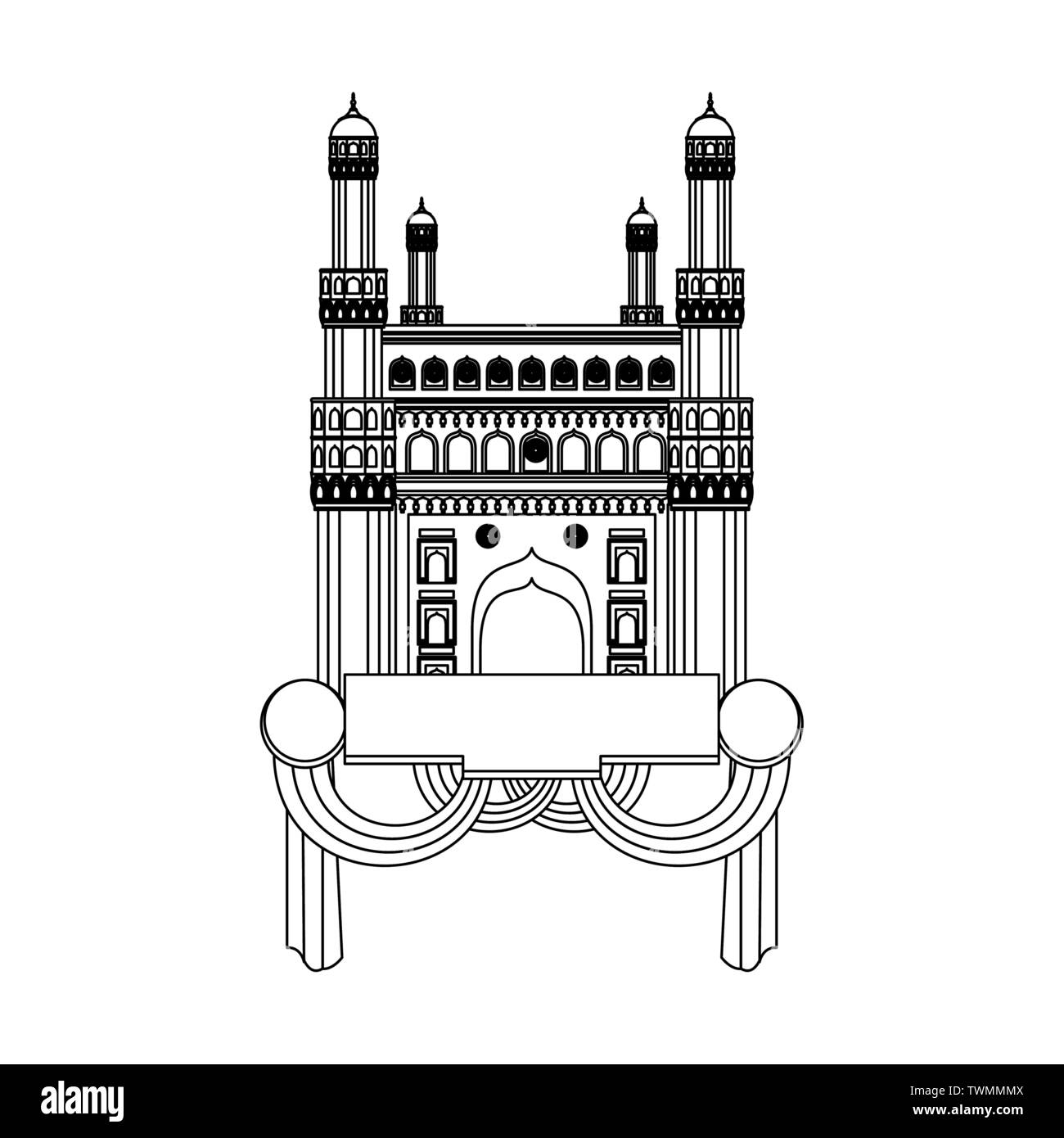 Indian national building with banner and flags in black and white Stock ...