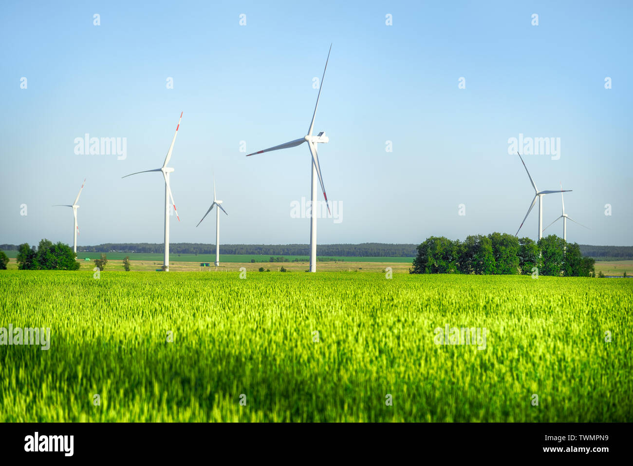 Wind power plant in the green field. Bright summer landscape Stock ...
