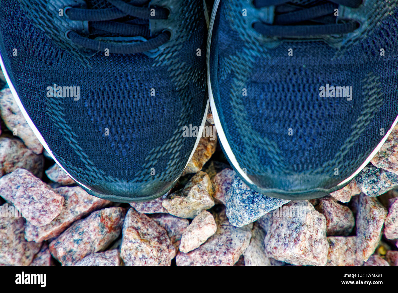 Trail running shoes in a park, close-up sneakers. Running shoes before ...