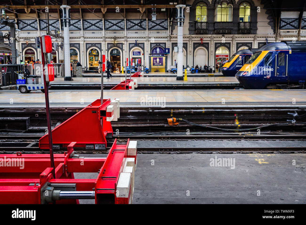 Red railway buffers in Paddington Railway Station, London, UK on 18 ...