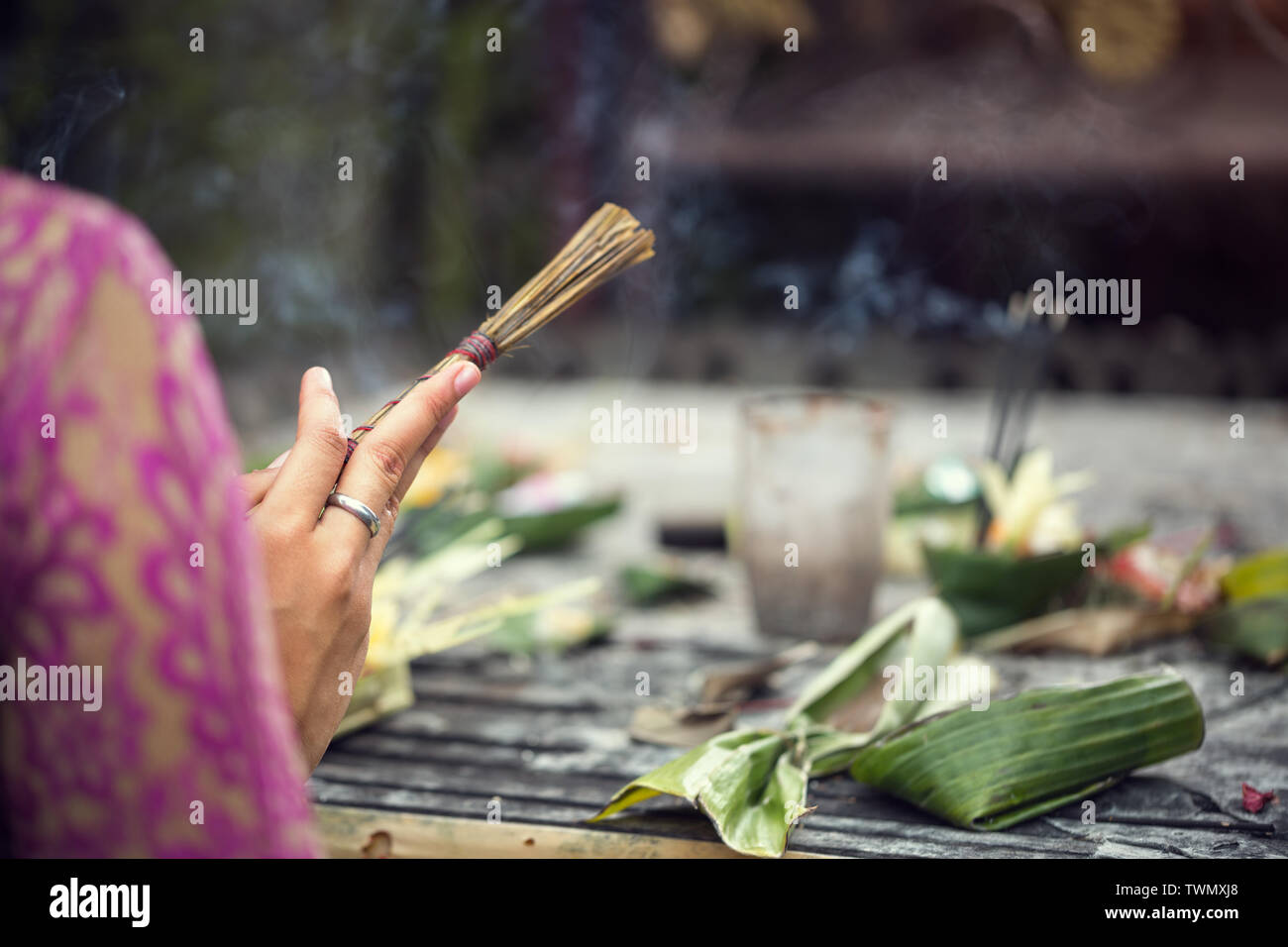 prayer for blessing of God in Hindu temple Stock Photo - Alamy