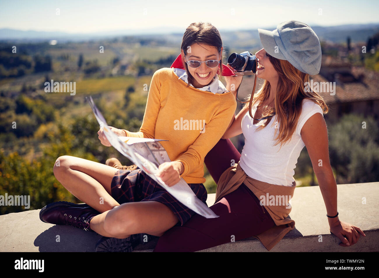 Happy two girls friends enjoying in vacation time together Stock Photo ...