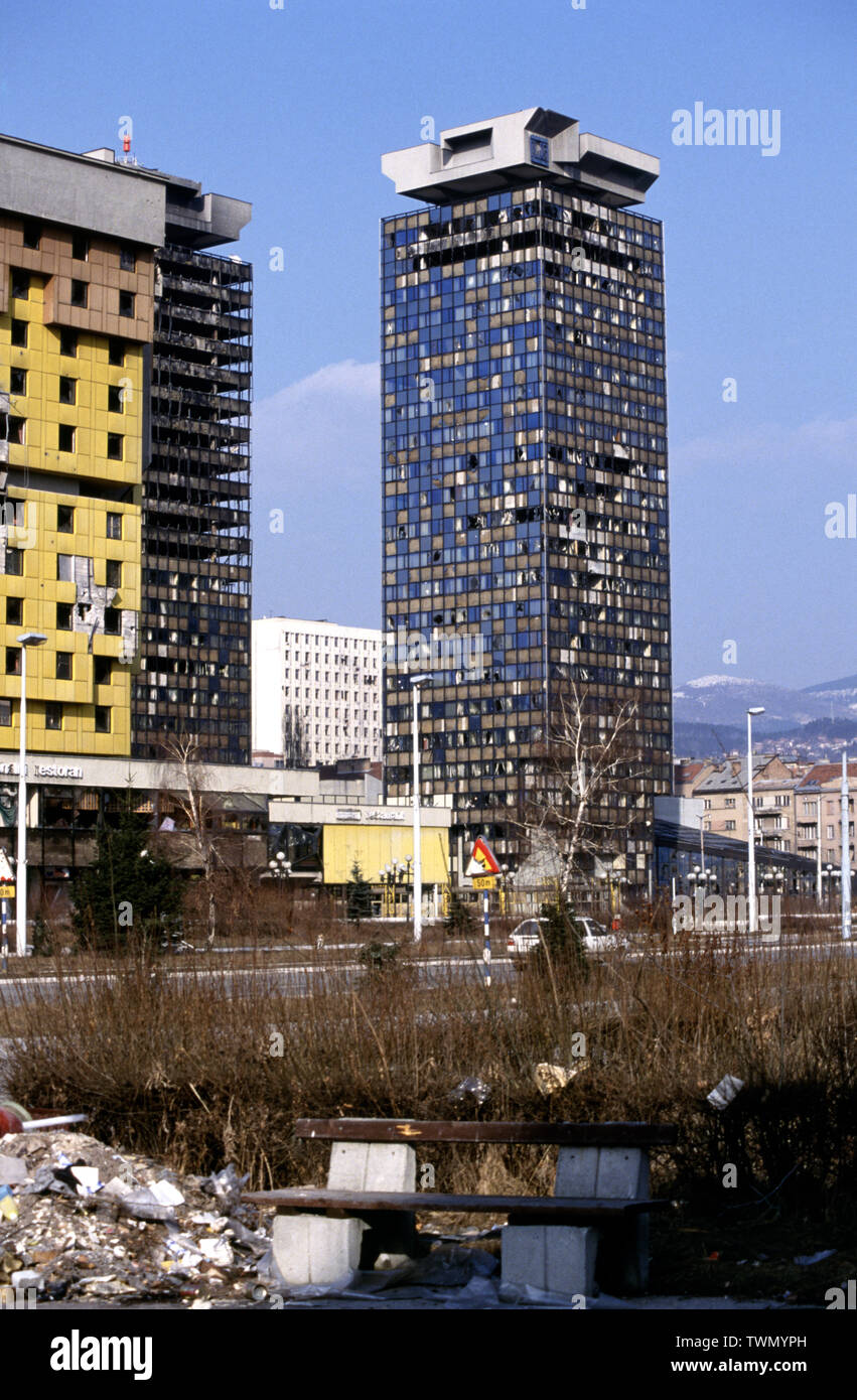 15th March 1993 During the Siege of Sarajevo: the badly damaged twin ...