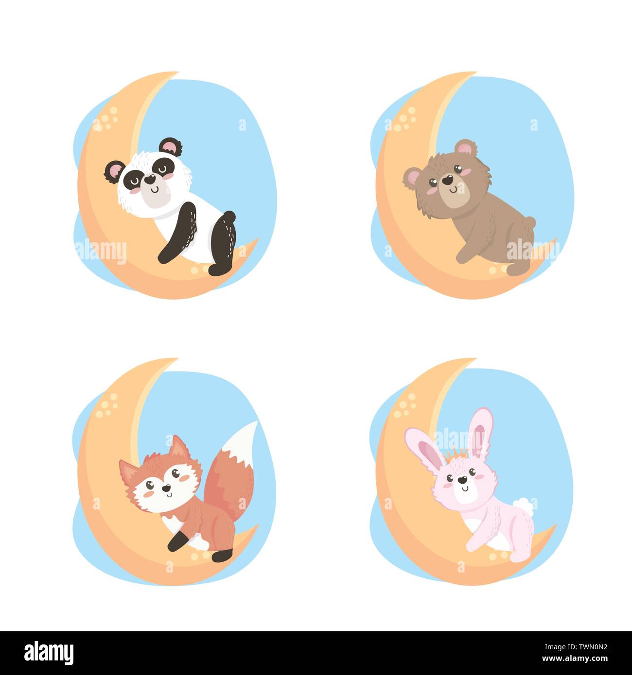 set of cute wild animals in the moon over white background vector ...