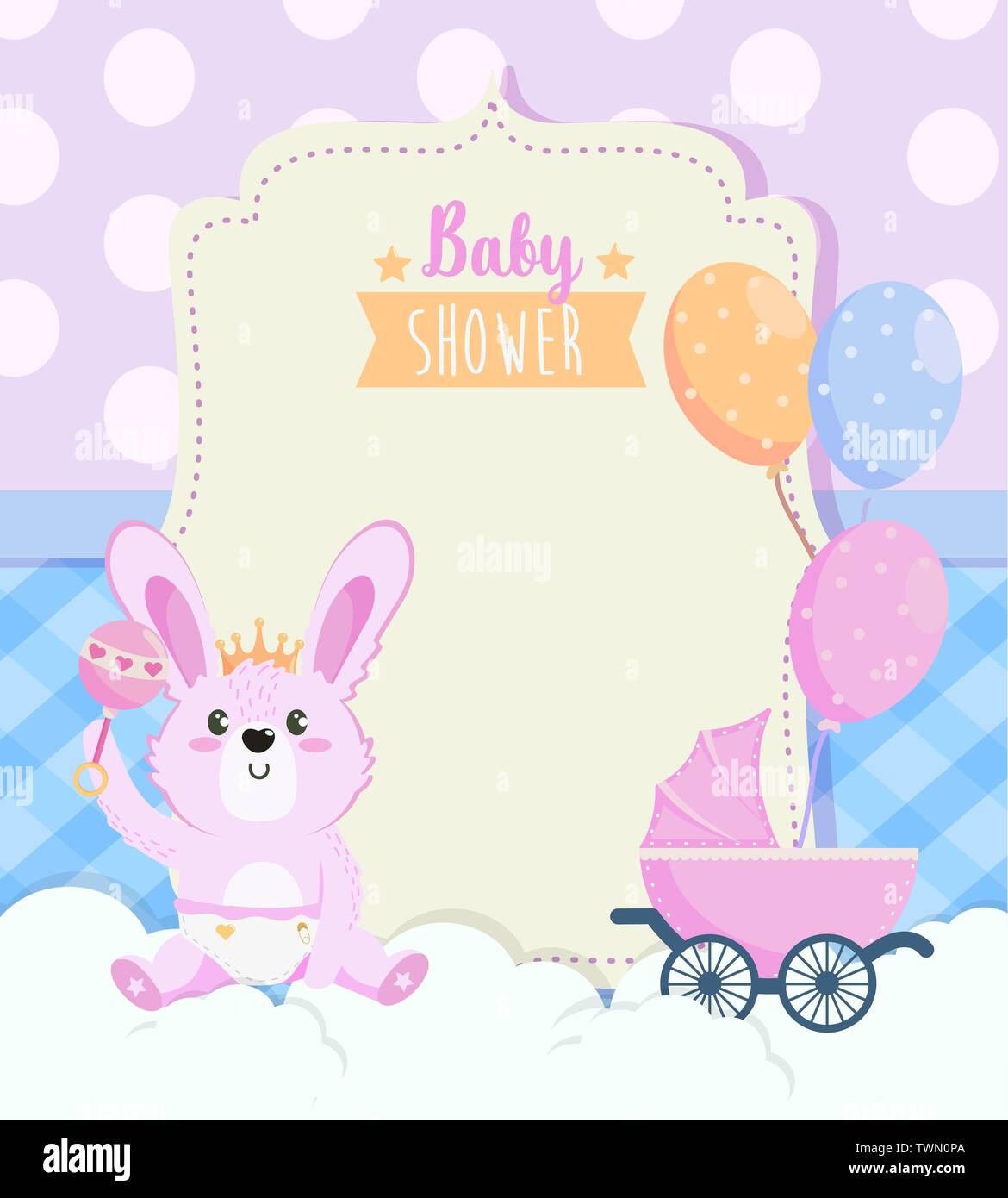 card of cute rabbit with carriage and balloons to baby shower vector ...