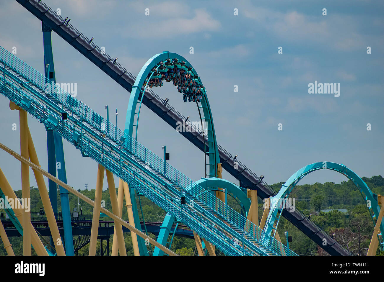 Orlando, Florida. June 05, 2019. People face down enjoying Kraken ...