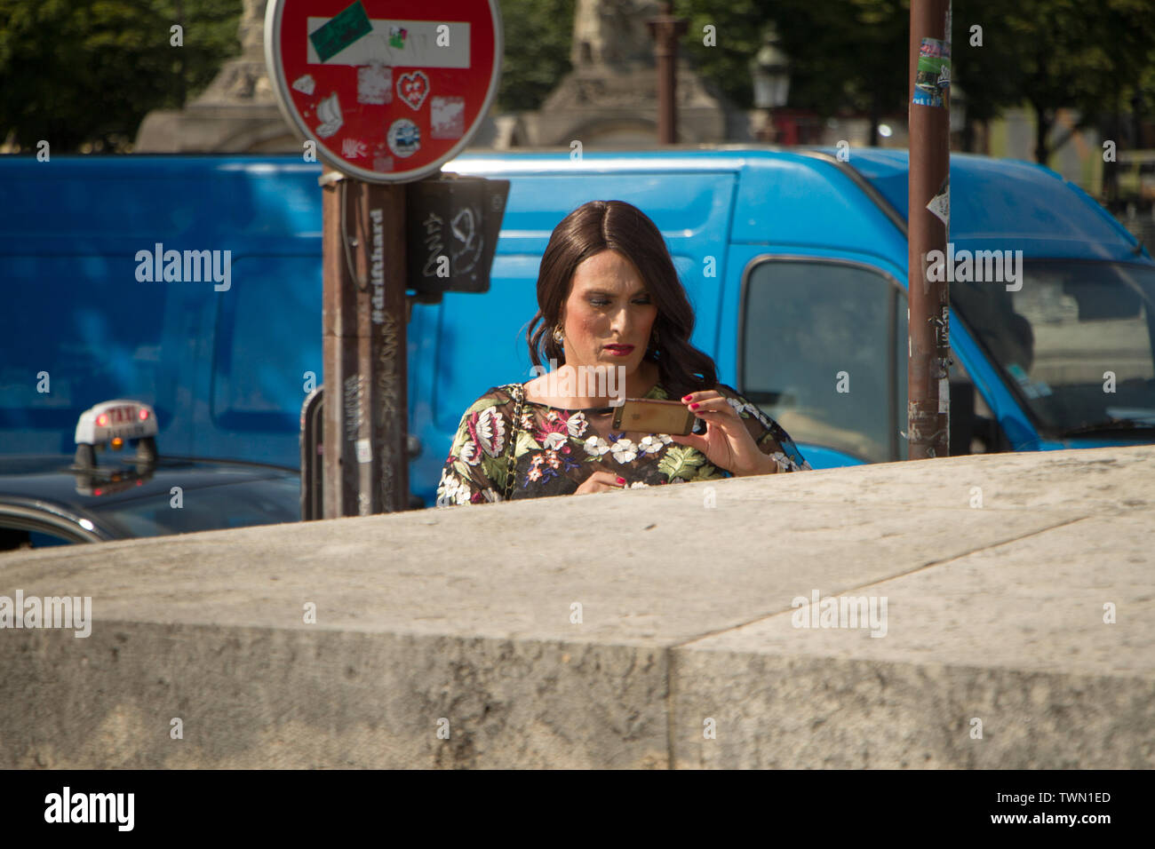 Paris, France - July 06, 2018: Male transgender in dress and fishnet ...