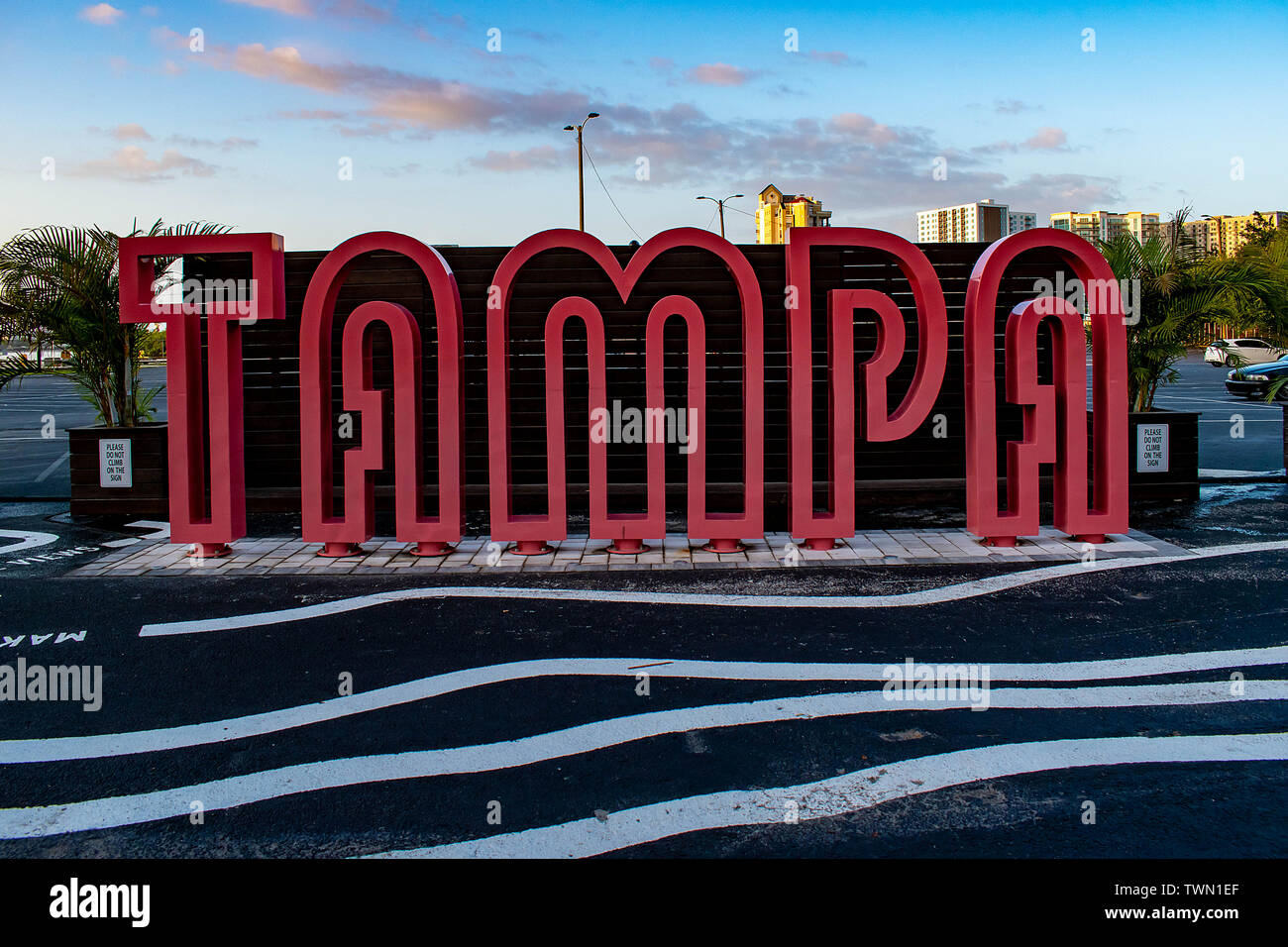 Tampa Bay, Florida. April 28, 2019. Red Tampa Sign on downtown area ...