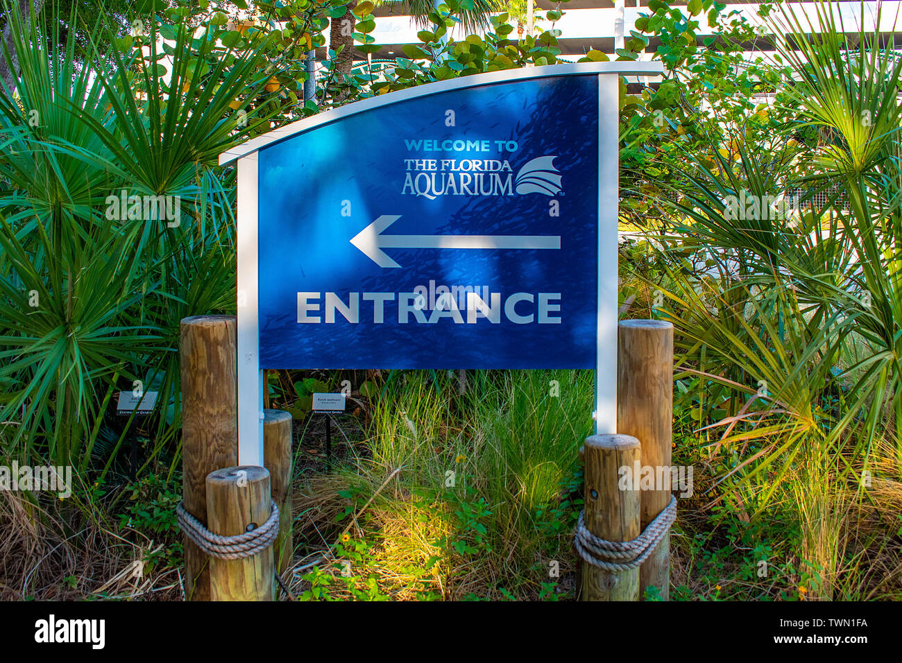 Tampa Bay, Florida. April 28, 2019. The Florida Aquarium entrance sign ...