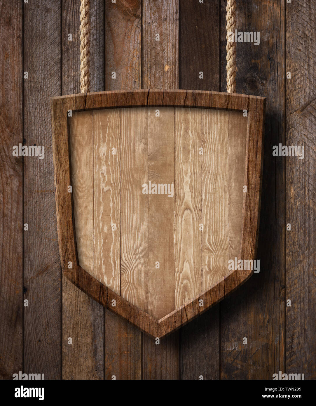 Protection shield shaped sign hanging on ropes with wood planks ...