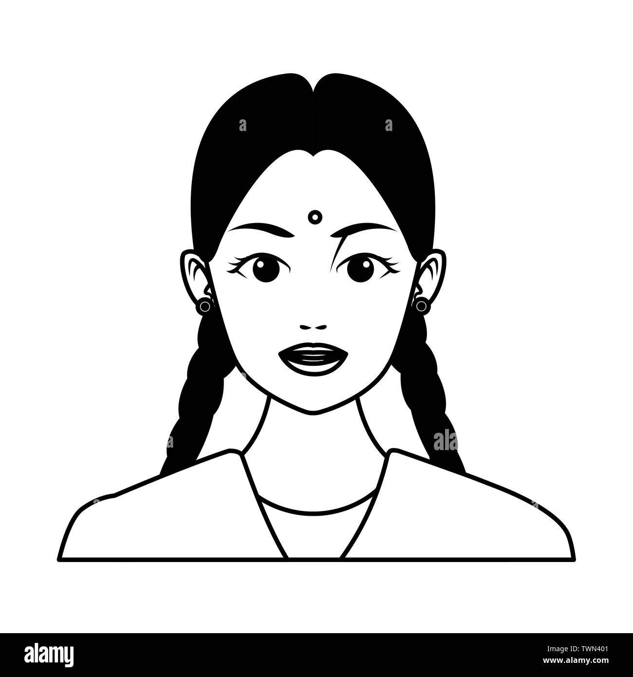indian girl face avatar cartoon in black and white Stock Vector Image ...