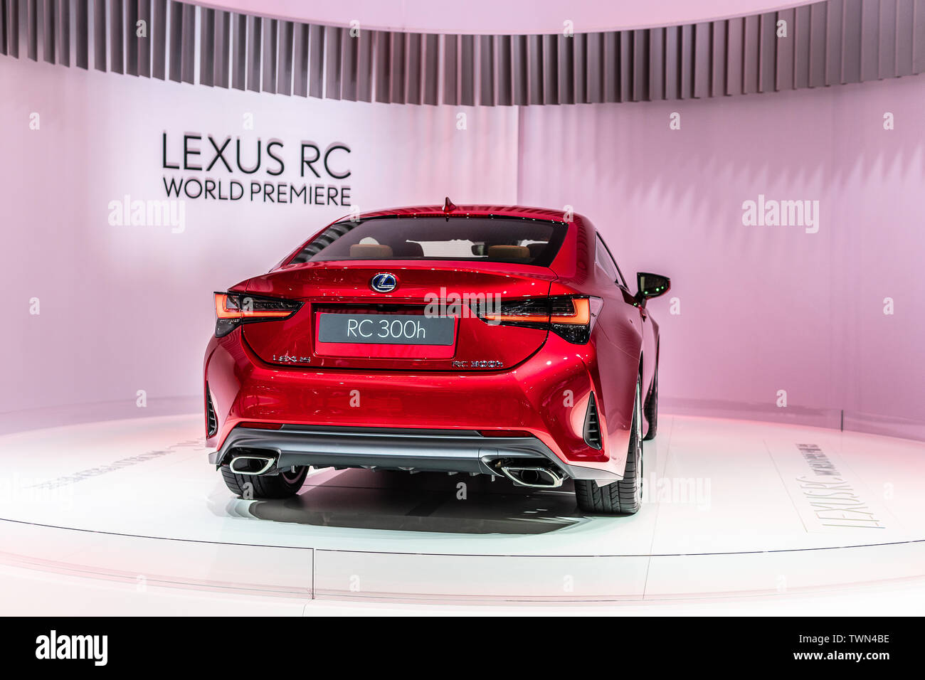 Paris, France, Oct 02, 2018 red LEXUS RC 300h hybrid Facelift ...