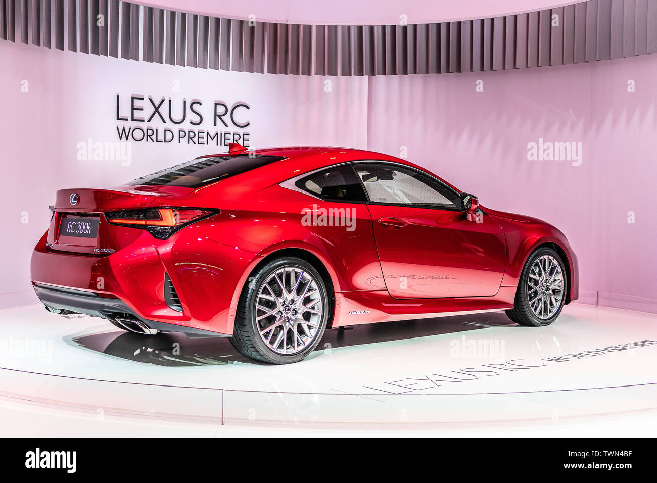 Paris, France, Oct 02, 2018 red LEXUS RC 300h hybrid Facelift ...