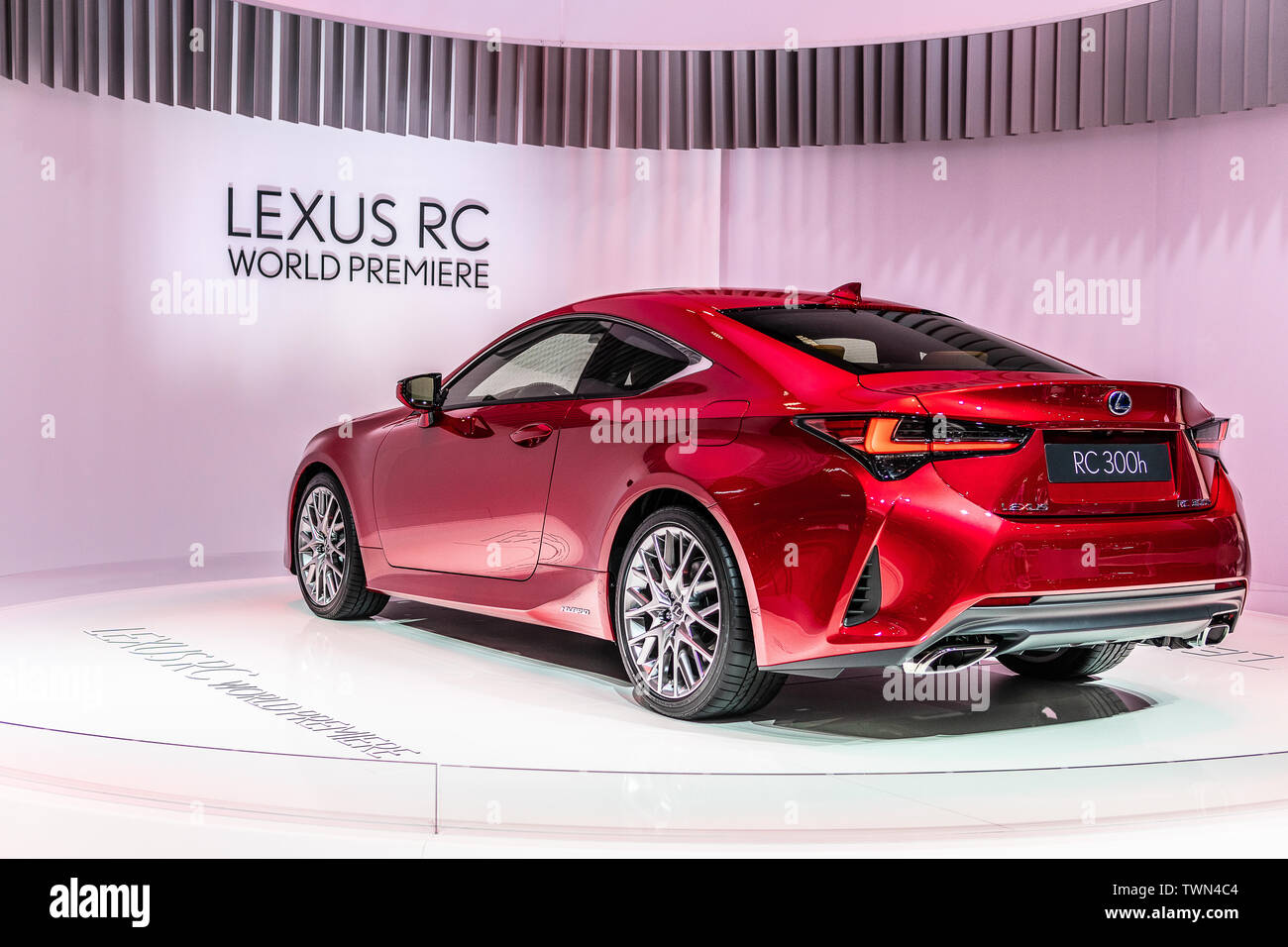 Paris, France, Oct 02, 2018 red LEXUS RC 300h hybrid Facelift ...