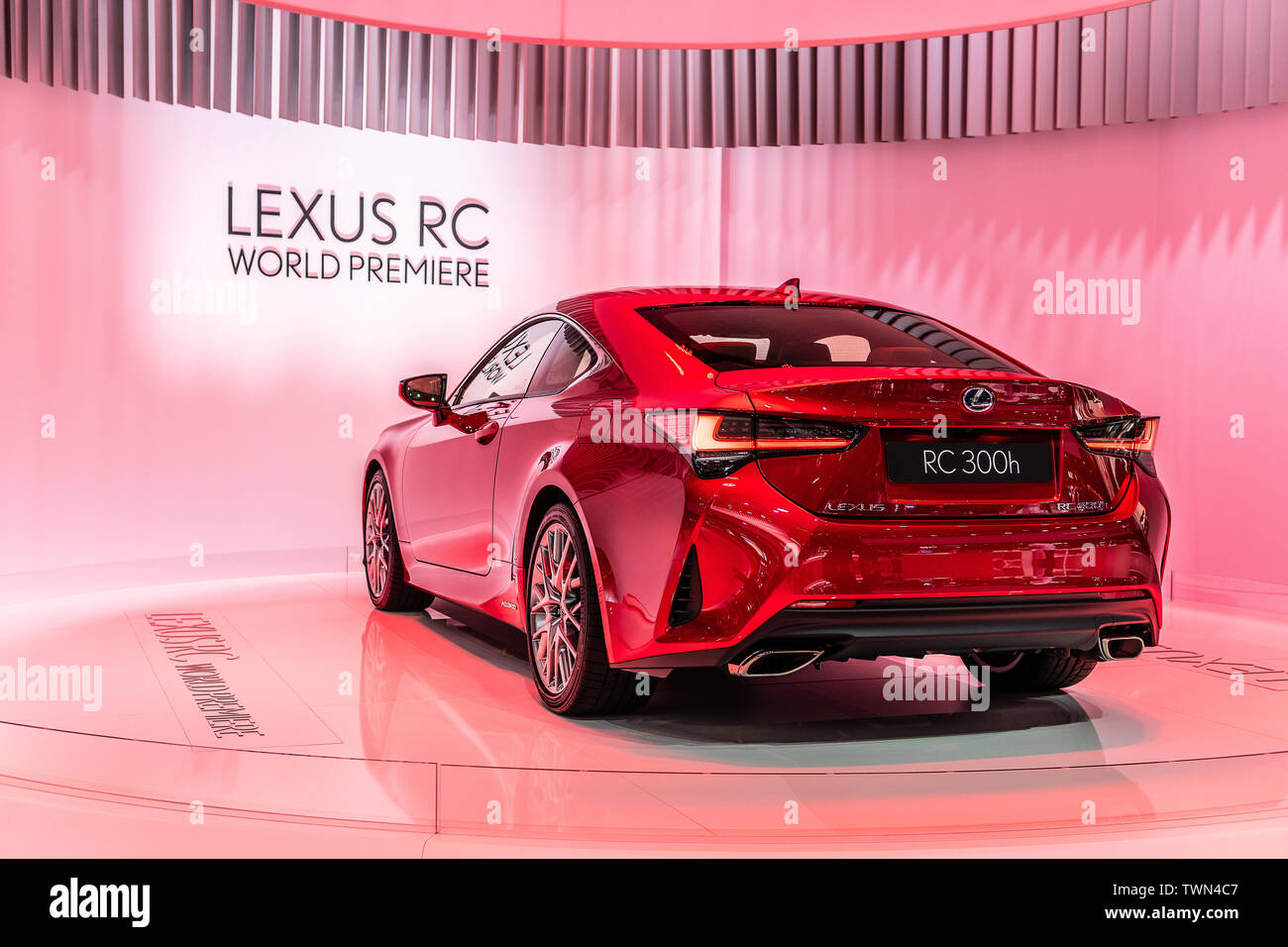 Paris, France, Oct 02, 2018 red LEXUS RC 300h hybrid Facelift ...