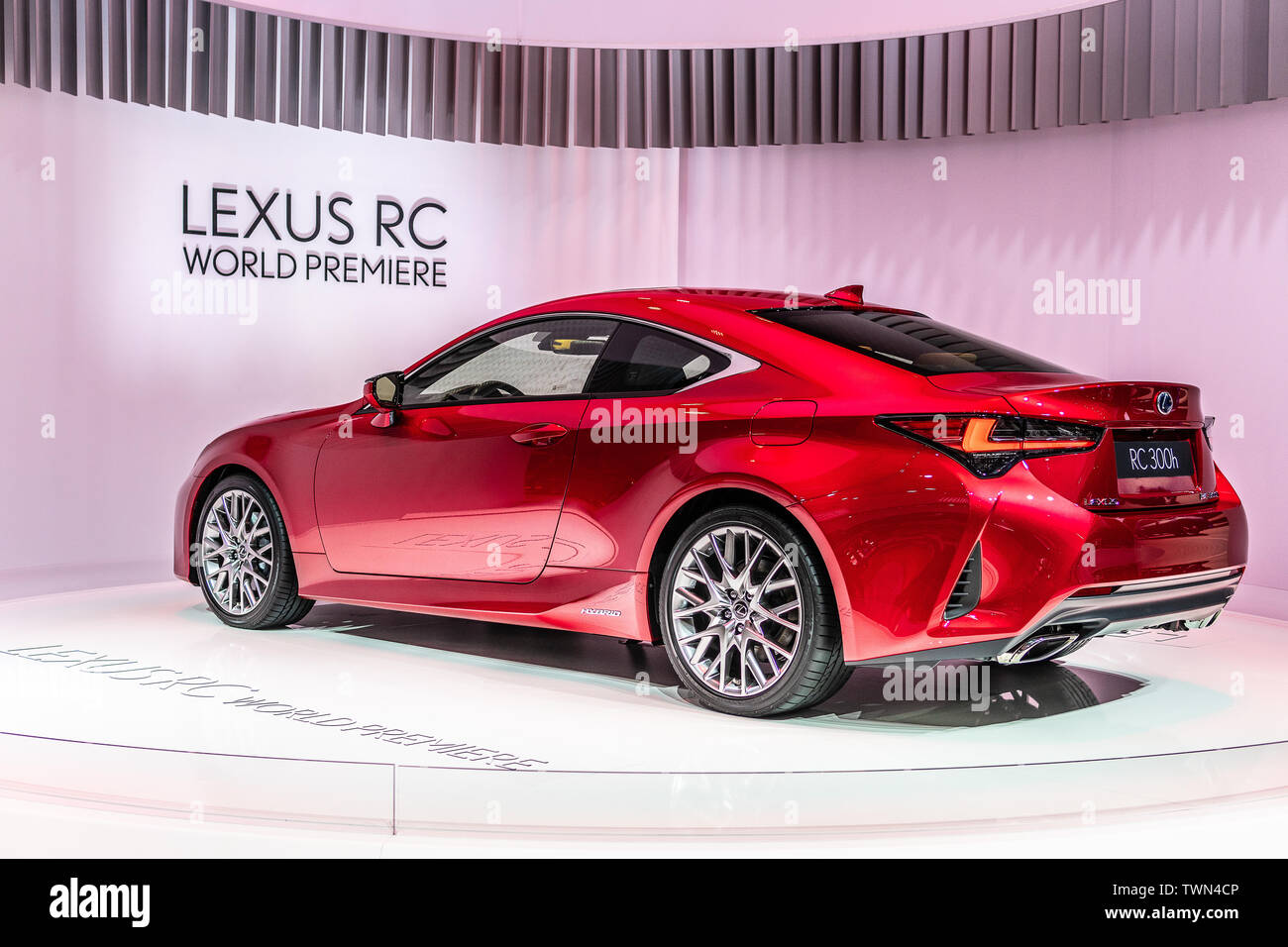 Paris, France, Oct 02, 2018 red LEXUS RC 300h hybrid Facelift ...