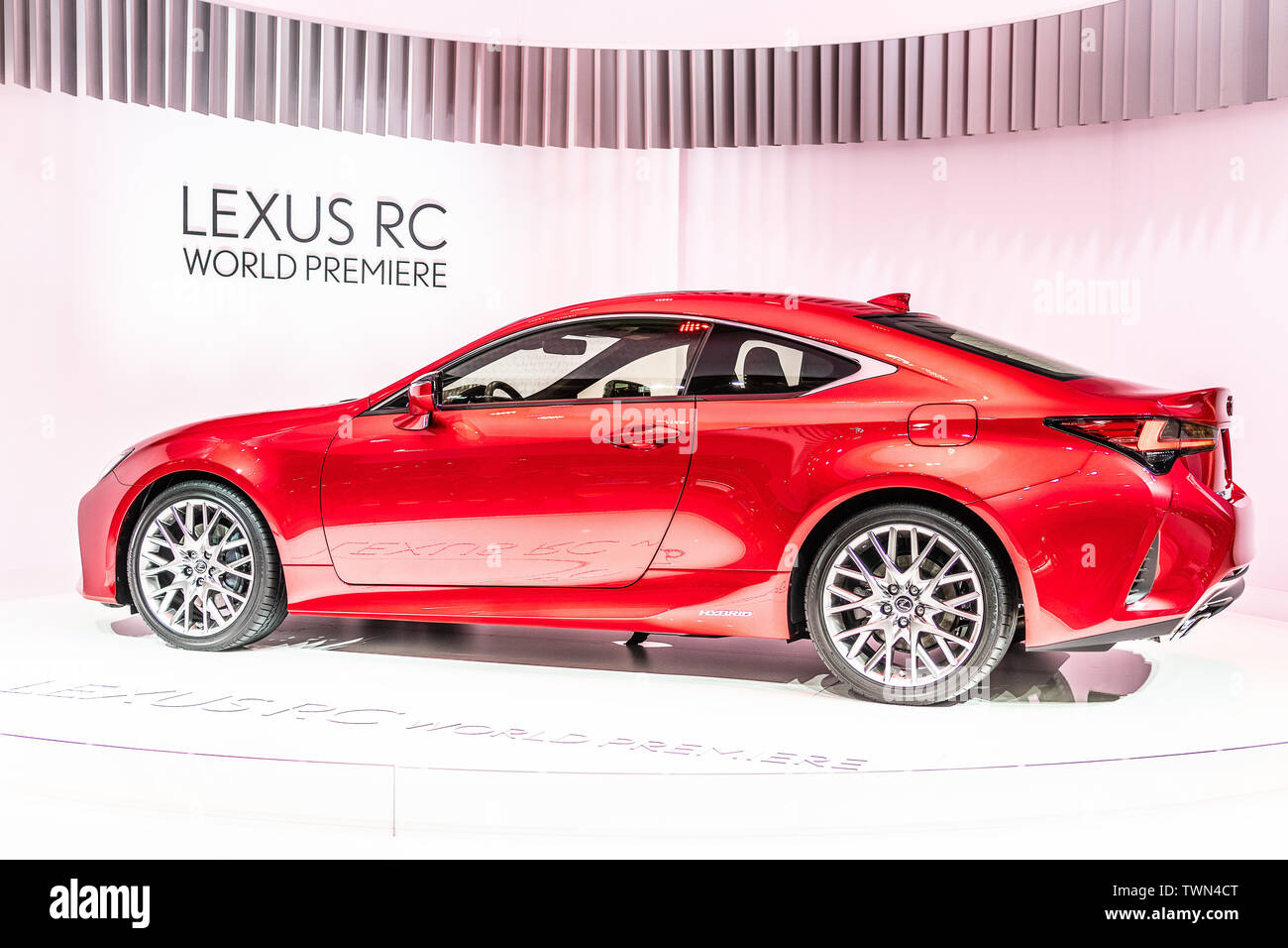 Paris, France, Oct 02, 2018 red LEXUS RC 300h hybrid Facelift ...