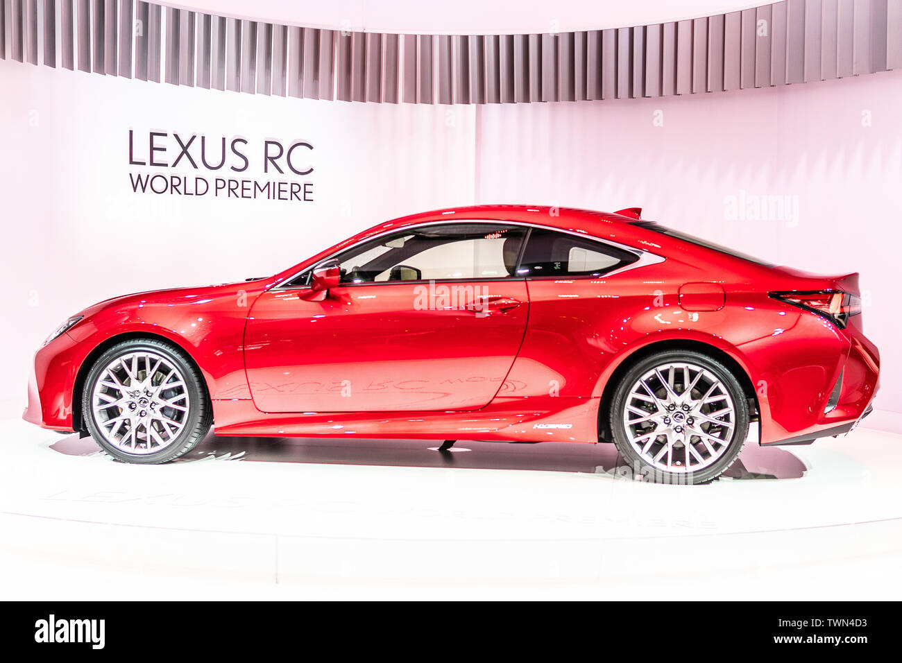 Paris, France, Oct 02, 2018 red LEXUS RC 300h hybrid Facelift ...