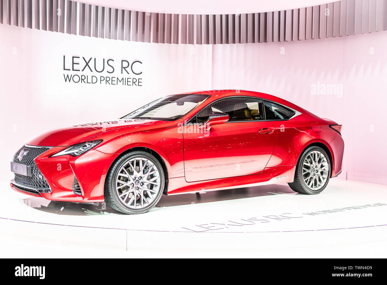 Paris, France, Oct 02, 2018 red LEXUS RC 300h hybrid Facelift ...