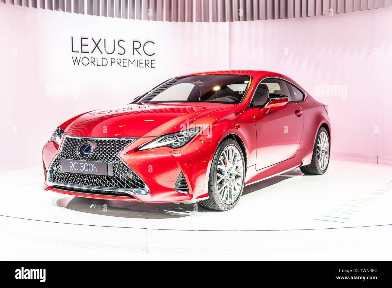 Paris, France, Oct 02, 2018 red LEXUS RC 300h hybrid Facelift ...