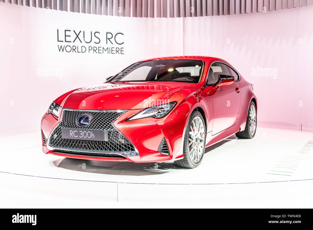 Paris, France, Oct 02, 2018 red LEXUS RC 300h hybrid Facelift ...