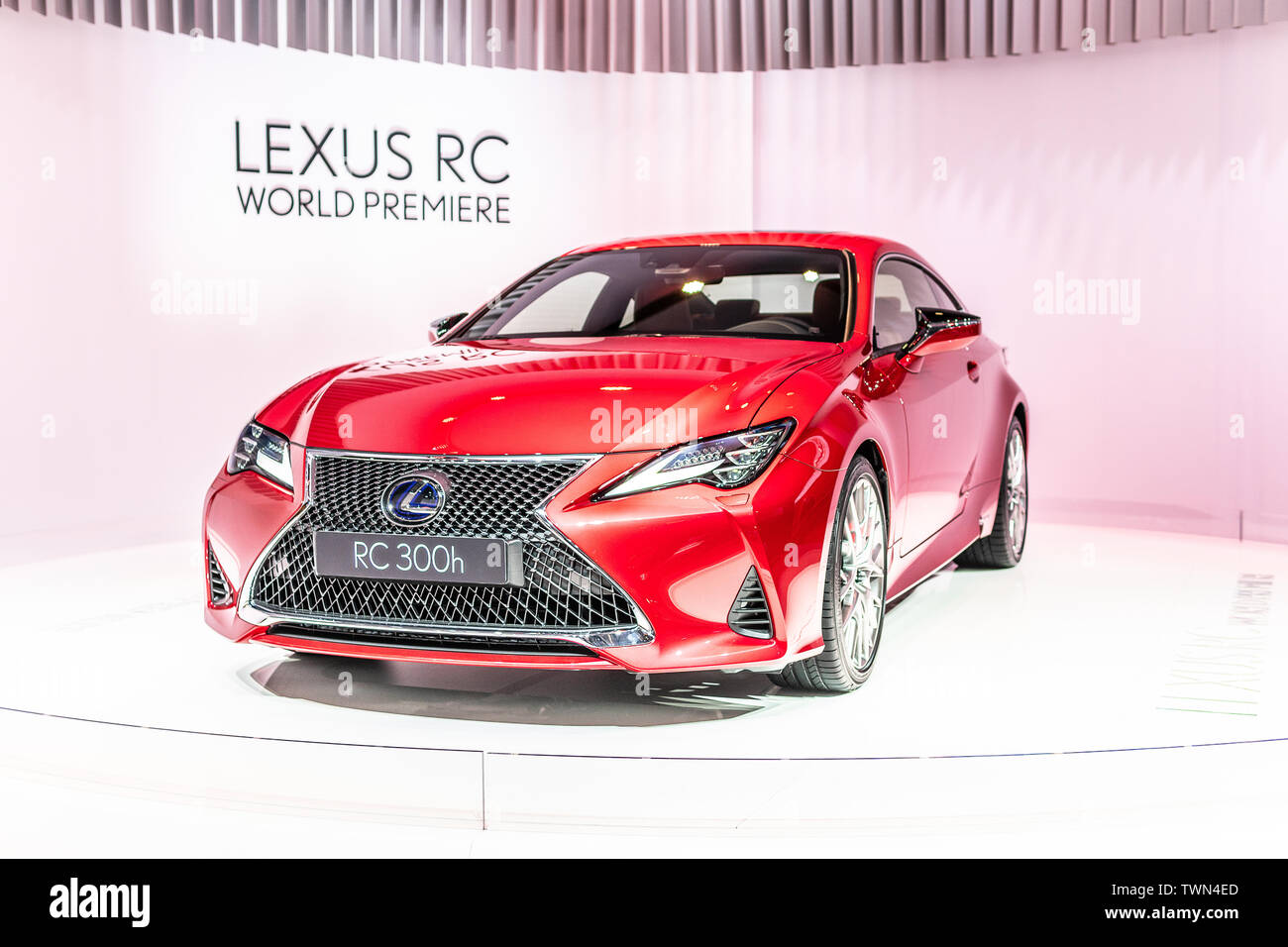 Paris, France, Oct 02, 2018 red LEXUS RC 300h hybrid Facelift ...