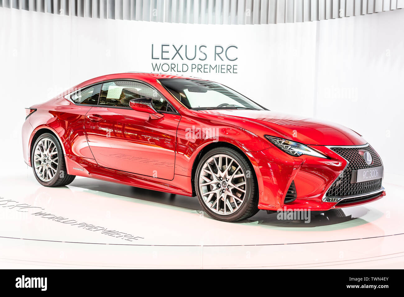 Paris, France, Oct 02, 2018 red LEXUS RC 300h hybrid Facelift ...