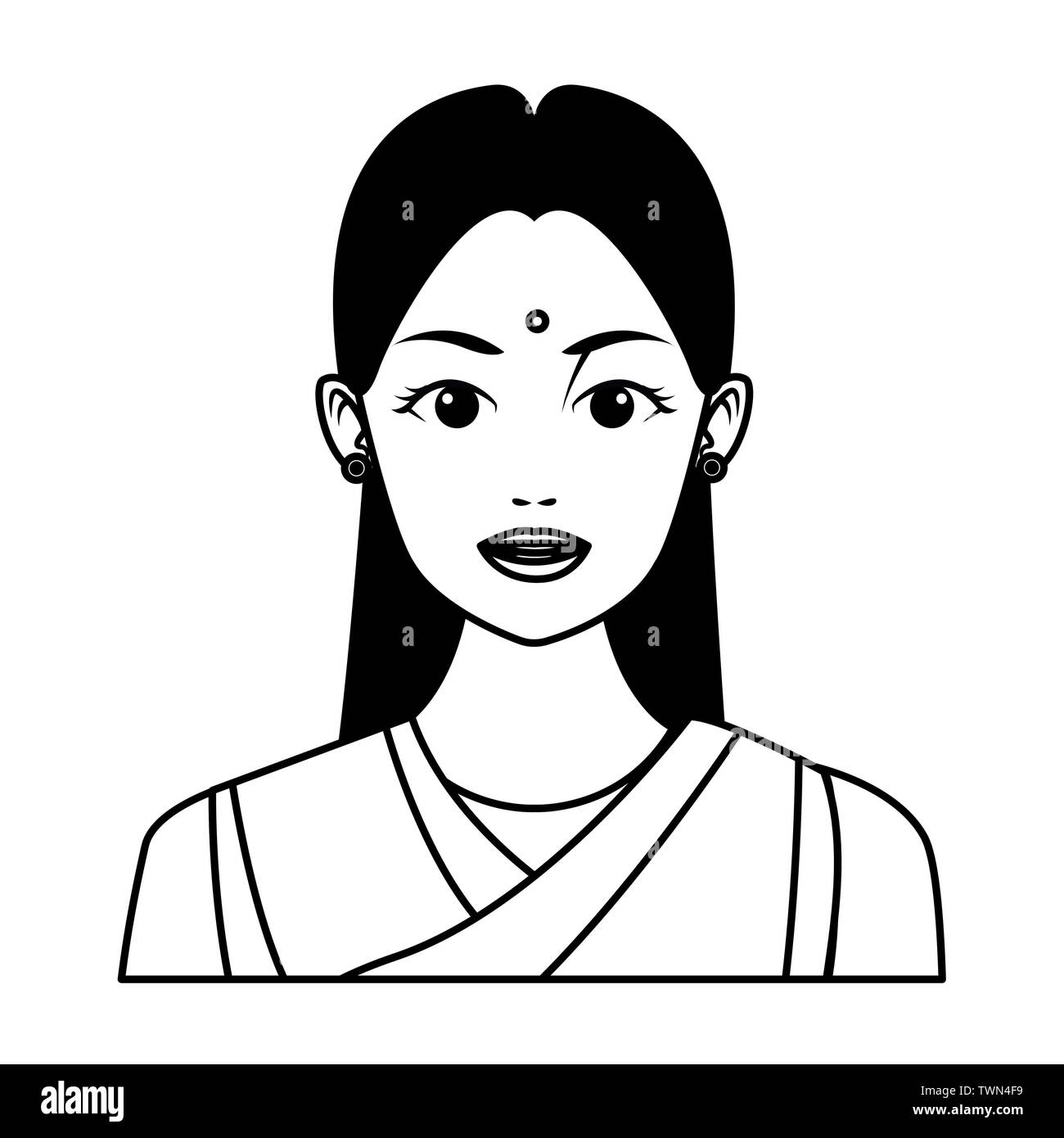 indian girl face avatar cartoon in black and white Stock Vector Image ...