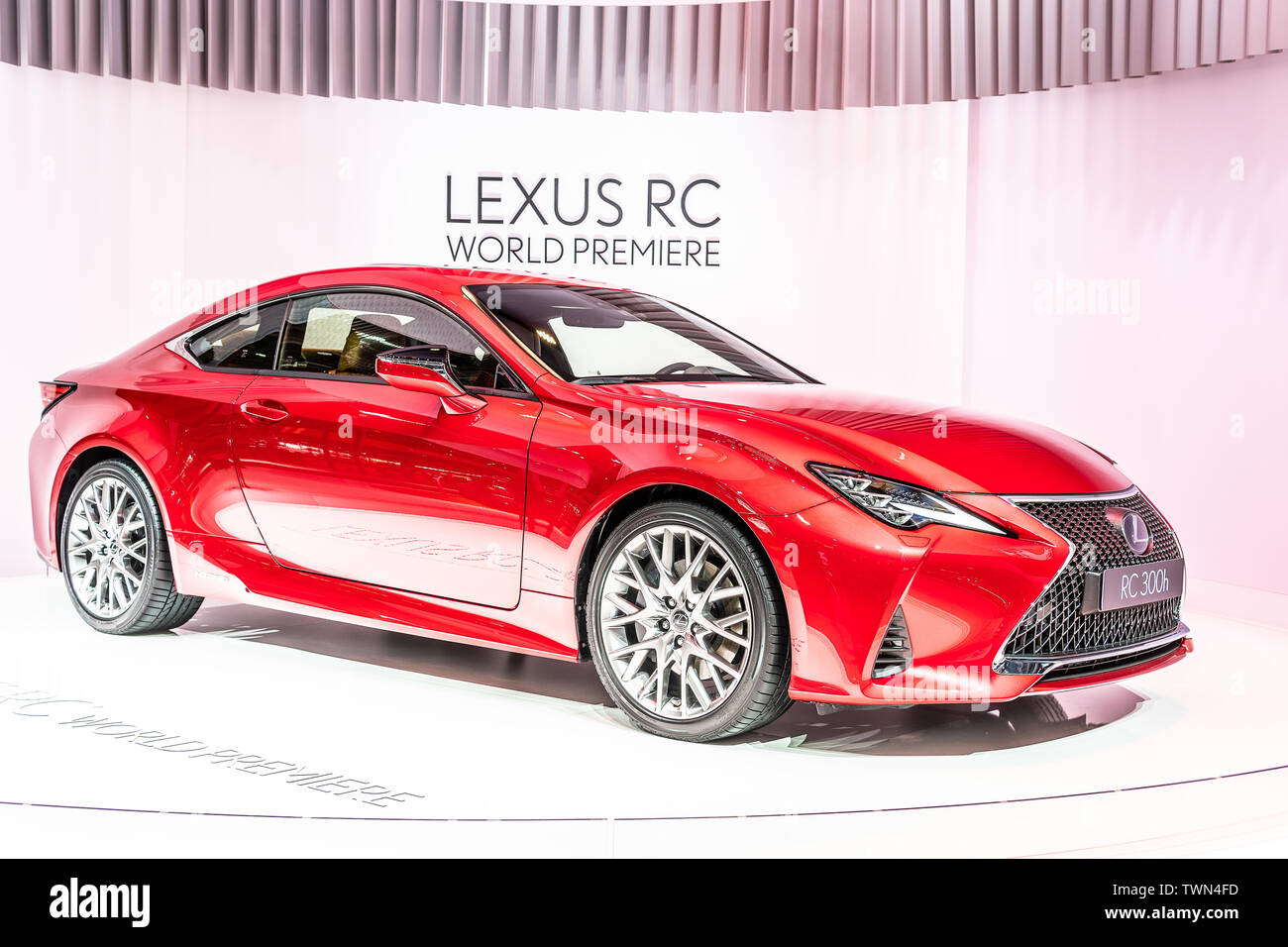 Paris, France, Oct 02, 2018 red LEXUS RC 300h hybrid Facelift ...