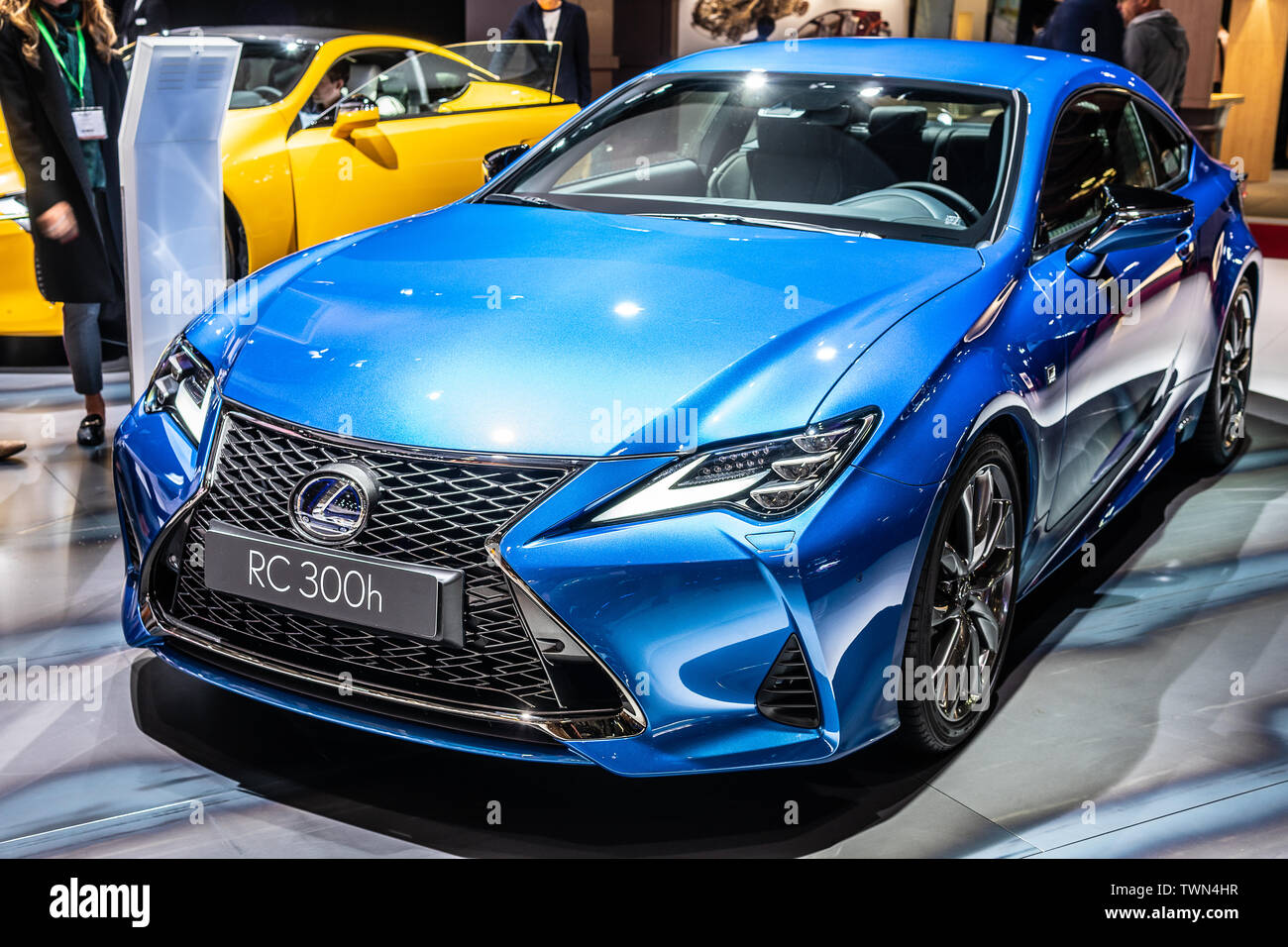 Paris, France, Oct 02, 2018 blue LEXUS RC 300h hybrid Facelift ...