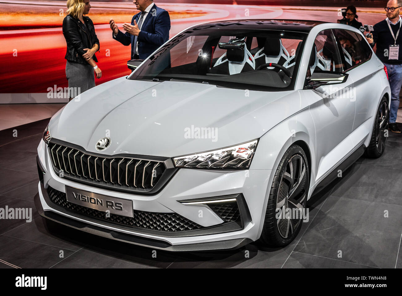 Paris, France, Oct 02, 2018 metallic white Skoda VISION RS concept car ...